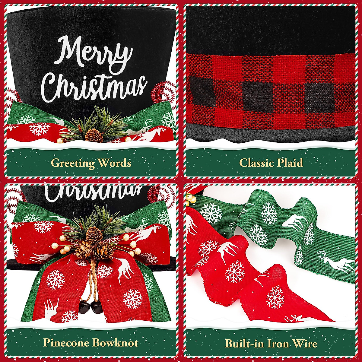 Christmas Tree Topper Decorations Gifts, Collapsible Black Velvet Hat with Plaid Red Green Bow Snowflake Elk Ribbon Merry Xmas Sign Handmade Ornaments Supplies Large Holiday Indoor Home Decor