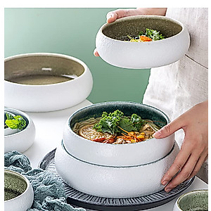 Uaral Salad Bowl Large Serving Bowl 18 Ounce Appetizer Bowls 6.5inch Ceramic Shallow Bowl Set of 4, (White Texture&Green)