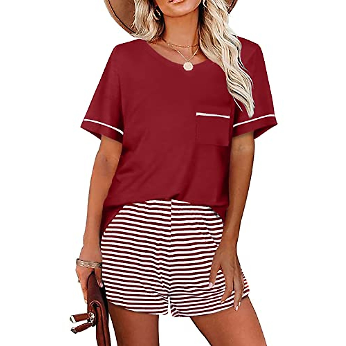 Ekouaer Sleepwear Womens Pajamas Soft Comfy Two Pieces Pajama Set Women's Casual 2 Piece Shorts Outfits,Wine Red M