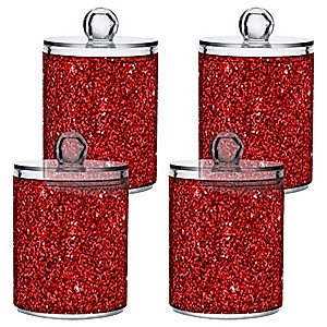 ALAZA 4 Pack Qtip Holder Dispenser Red Glitter Bathroom Organizer Canisters for Cotton Balls/Swabs/Pads/Floss,Plastic Apothecary Jars for Vanity