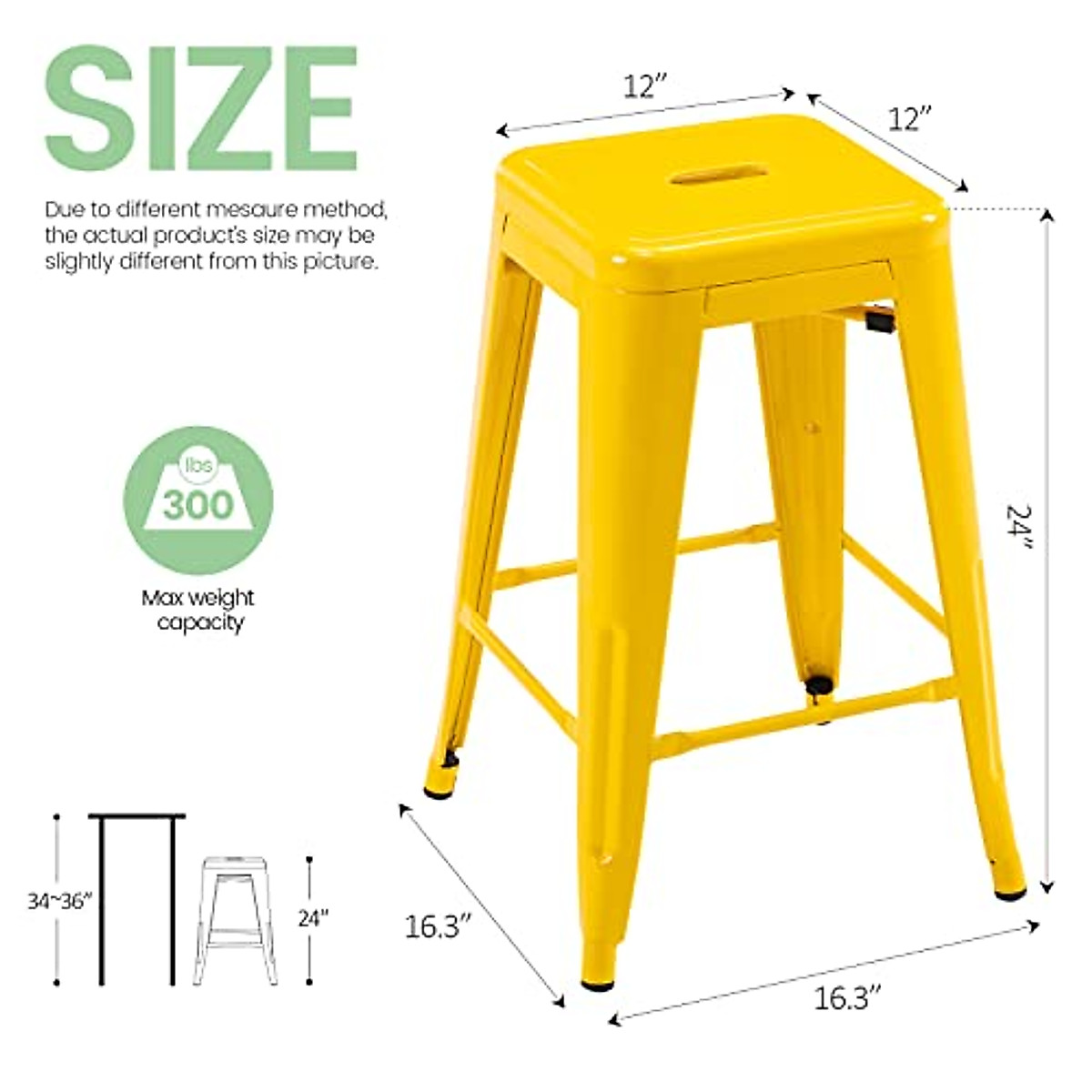 Vogue Furniture Direct 24" High Barstools Backless Yellow Metal Barstool Indoor-Oudoor Counter Height Stool with Square Seat, Set of 4 - VF1571019-4