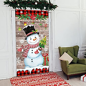 Tiamon Christmas Snowman Door Covers Decoration Xmas Wood Grain Snowman Winter Snowflake Backdrop Snowman Door Banner for Front Door Farmhouse Christmas Holiday Party Decor Supplies, 6 x 3 Feet