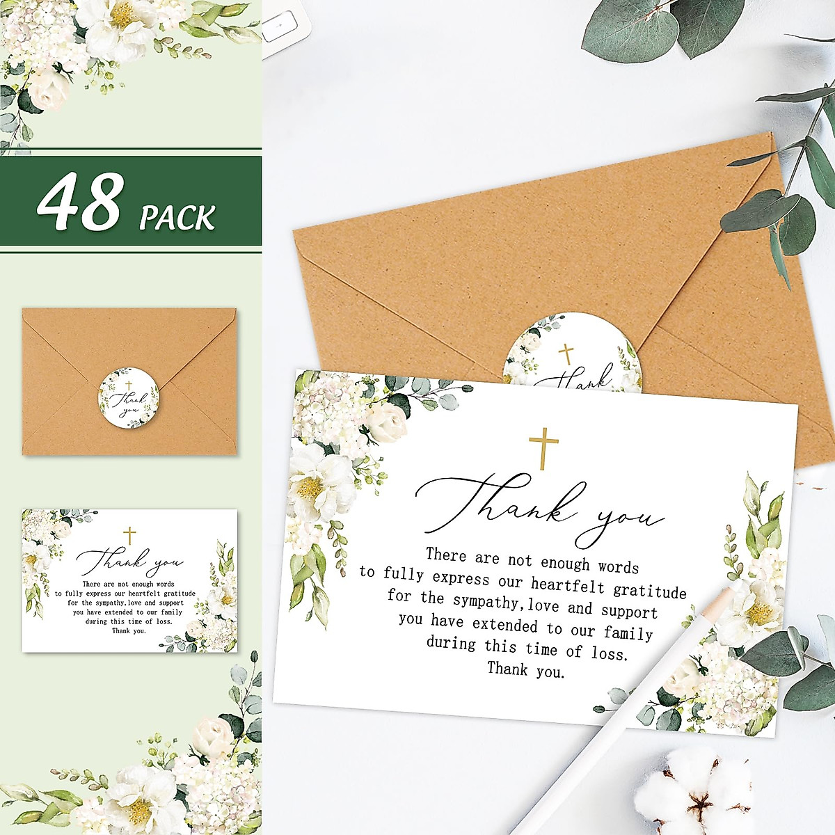 Whaline 48Pcs Funeral Thank You Cards Cross Sympathy Thank You Card with Stickers Envelopes Flower Bereavement Card for Memorial Service Loved Ones Celebration of Life