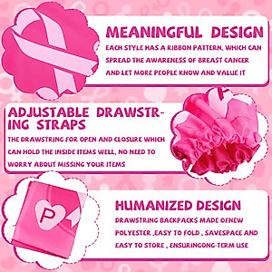 Paterr 36 Pcs Breast Cancer Awareness Drawstring Backpack 11.8'' x 9.8'' Pink Ribbon Polyester Drawstring Bags Hope Fight Sport Gym Sackpack for Women Travel Storage Accessories, White and Black