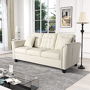 Lepfun Chesterfield, 86.6” Flare Sofa, Tufted 3 Seater Furniture, Velvet Couch with Scroll Arms and Nailhead for Living Room, Bedroom, Office, Apartment (Beige)