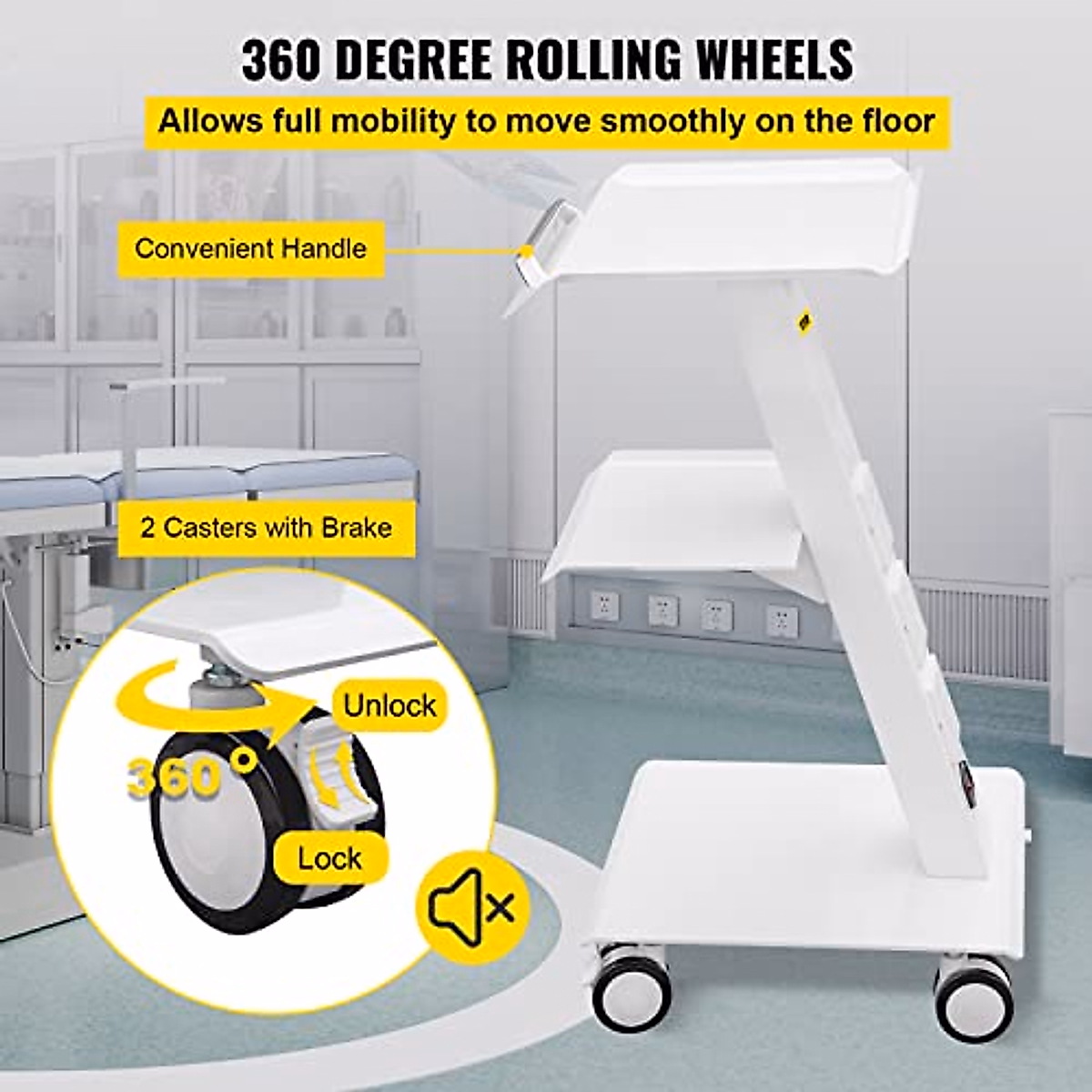 VEVOR Lab Trolley, Rolling Lab Cart w/Built-in Socket, 3 Layers Tray Rolling Clinic Cart, 360° Silent Rolling Wheels w/Foot Brake, 88 lbs Weight Capacity Sturdy Steel Frame, for Lab Clinic Salon
