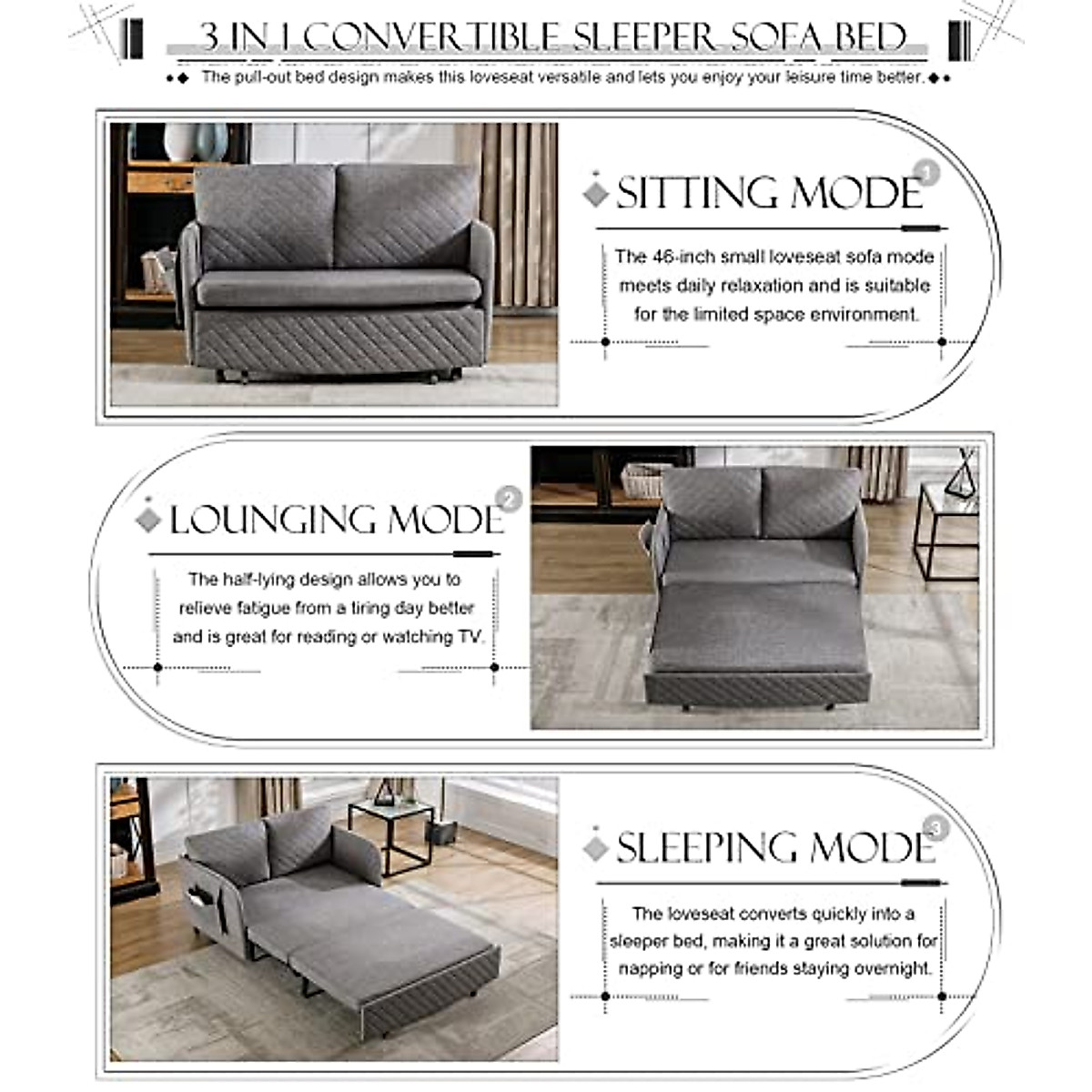 Pull Out Futon Sofa Bed, Convertible Small Loveseat Sleeper with Storage Drawer, 3 in 1 Futon Couch with Removable Pocket and 2 Pillows, Modern Love Seat for Living Room, Guest Room, Deep Grey