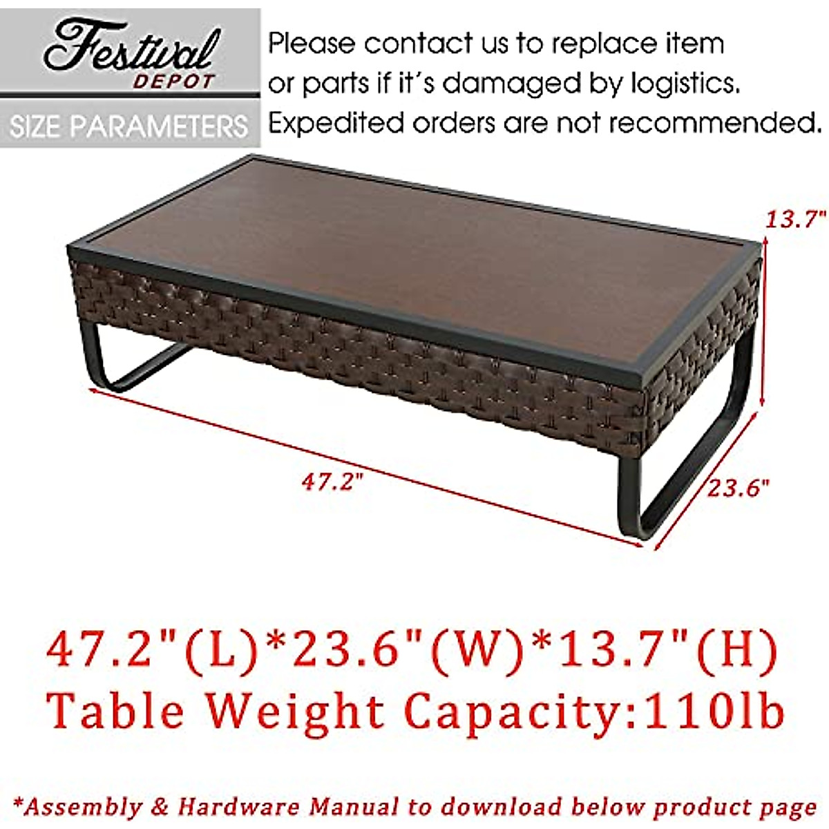 Festival Depot Patio Coffee Table Rectangle Wicker Rattan Table with Wood Grain Desktop and U Shaped Legs All Weather Outdoor Furniture for Garden Bistro 47.2"(L) x 23.6"(W) x 13.7"(H)