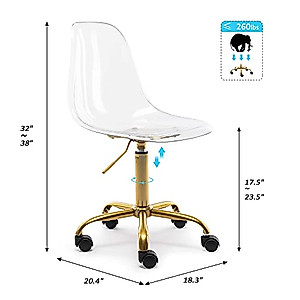 HOMEFUN Clear Rolling Chair, Armless Acrylic Desk Chair with Golden Feet Swivel Molded Plastic Shell Chair Adjustable Home Office Chair with Wheels, Clear