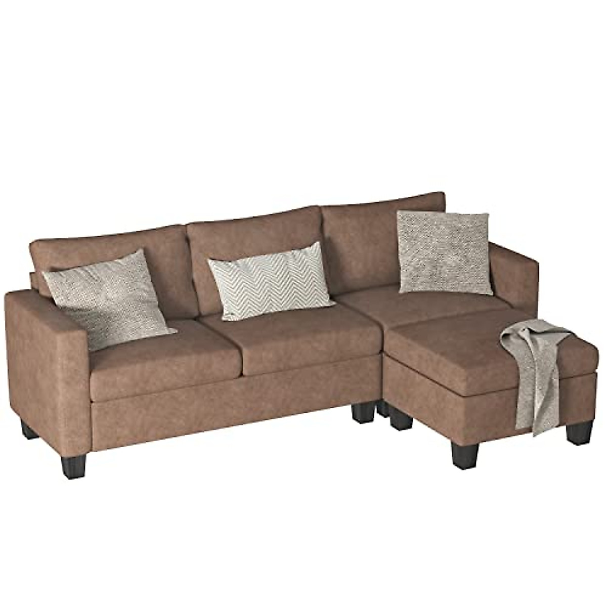 Shahoo Convertible Sectional Sofa Couch L-Shaped Settee with Soft Seat, Comfortable Backrest and Modern Linen Fabric for Small Space, Living Room, Brown