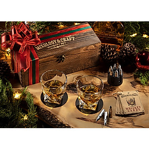 Mixology Whiskey Stones Gift Set for Men - Pack of 2, 10 oz Glasses w/ 6 Stainless Steel Chilling Bullets, 2 Coasters, Tongs, Cocktail Cards & Box - Bourbon Gifts for Birthday, Wedding, or Anniversary