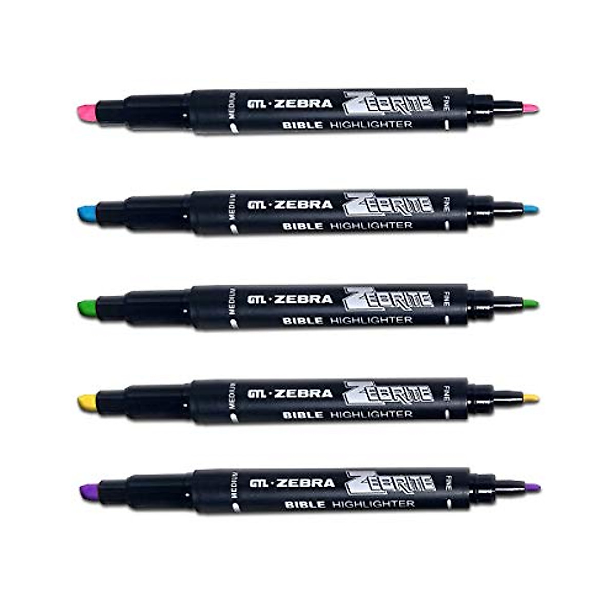 G.T. Luscombe Company, Inc. Zebrite Double Ended Bible Highlighter Set | No Bleed Pigmented Ink | No Fading or Smearing | Double Ended for Highlighting & Underlining | Fluorescent Multicolor (Set of 5)
