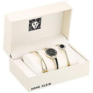 Anne Klein Women's AK/3292BKST Premium Crystal Accented Gold-Tone and Black Watch and Bangle Set