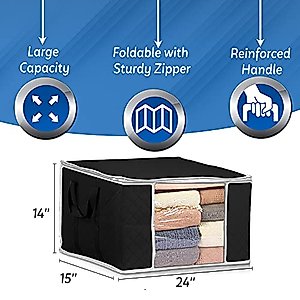 4-Pack Set-Solid Black Large Capacity 90L Storage Underbed Bag Organizer Foldable with Zipper, Clear Window and Reinforced Handle for Containers, Pillows, Comforters, Blankets, Bedding, Quilts, Clothes, made Non Woven Breathable Fabric