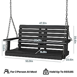 KINGYES Outdoor Hanging Porch Swing, 2 Seat Patio Swing Chair with Cup Holders, Waterproof Swing Chair Bench for Courtyard & Garden, 660LBS Weight Capacity, Black