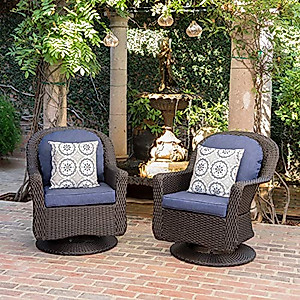 Christopher Knight Home Liam Outdoor Wicker Swivel Club Chairs with Water Resistant Cushions, 2-Pcs Set, Dark Brown / Navy Blue