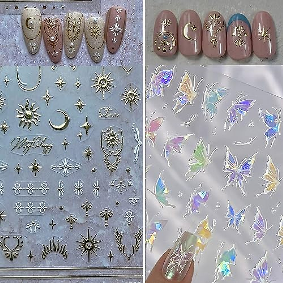 4Sheets 5D Gold Nail Art Stickers Classic Totems Moon Star Butterfly Delicate Nail Art Decal Supplies for Women Salon DIY Acrylic Nails Design (Gold Totems)