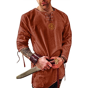 Men's Fashion Cotton Linen Shirt Long Sleeve Solid Color Ethnic Beach Yoga Top Brick Orange XL