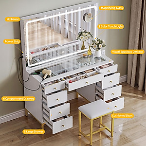 DWVO Vanity Desk Set with Large LED Lighted and Mirror & Power Outlet, Glass Top Vanity with Adjustable 3 Color Lighting Modes and 9 Drawer Magnifying Glass, 47" Makeup Vanity Desk with Bench, White