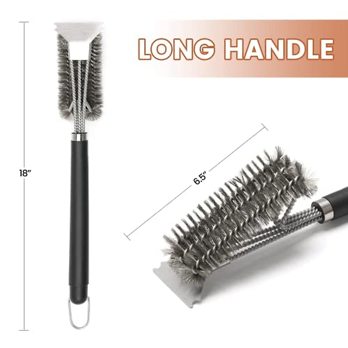 Simple Deluxe 2-Piece BBQ Grill Cleaning Brush, 18 Inch Stainless Steel Wire Safe Brush Cleaner with Extra Scraper Accessories, Bristle Free and Bristle, for Charcoal Grilling Grates/Weber Gas