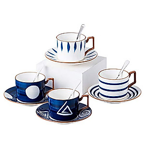 Jusalpha Japanese style hand printed- 7oz Fine China Tea Cup/Coffee Cup With Spoon and Tray/Saucer Set, Tableware, Serve of 4, TCS25