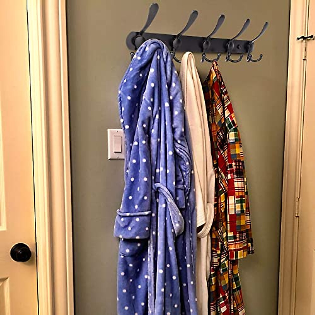 Qihtldsy Coat Rack Wall Mount, Stainless Steel Coat Hooks, 5 Tri Hooks, Heavy Duty Hook Rail for Coat Hat Towel Bag Purse Robes Bedroom Kitchen Bathroom Entryway (Black, 2 Packs)