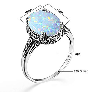 SZJINAO 6CT White Opal Ring Sterling Silver Rings For Women Floral Edwardian Antique Filigree Engagement Wedding Ring (Opal, 7)