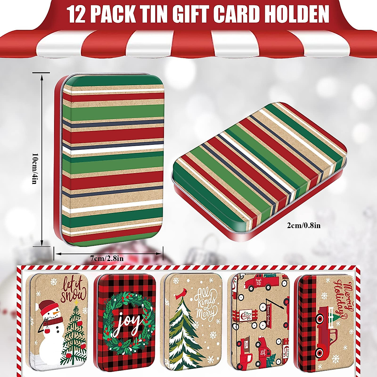 Whaline 12Pcs Christmas Tin Gift Card Holder Boxes 6 Design Metal Box with Lids Rustic Xmas Tree Snowman Tin Box Container for Christmas Stocking Stuffer Cards Crafts Party Favors