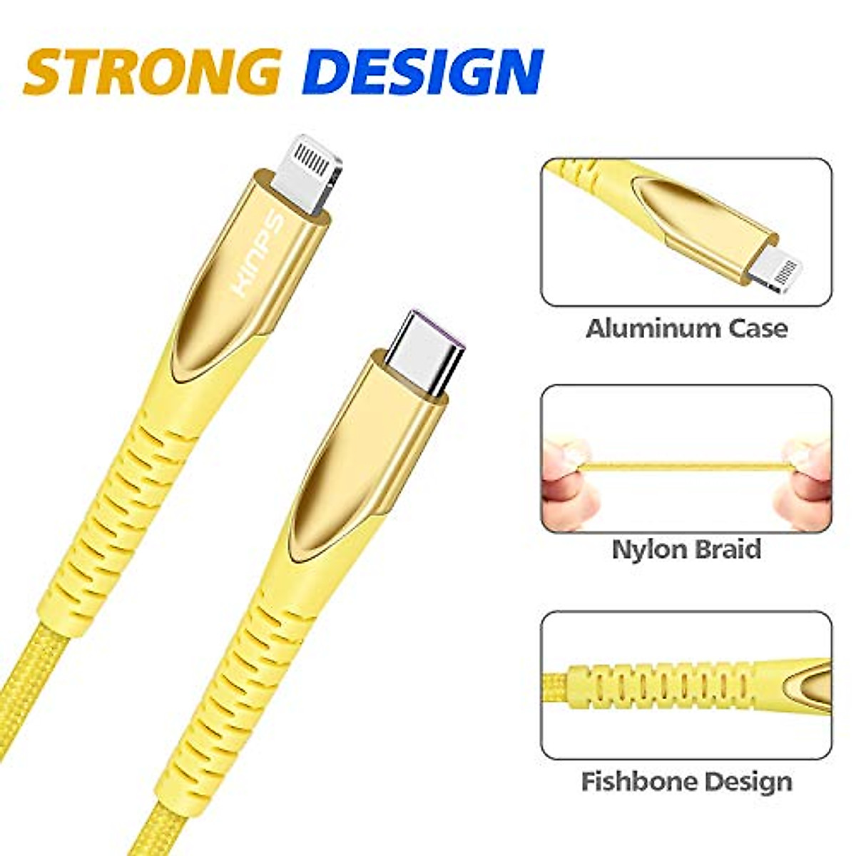 KINPS MFI Certified (10ft/3m) USB C to Lightning Fast Charging Cable Compatible with iPhone 12 Pro Max/12 Pro/12/11Pro/11 Pro Max/X/XS, Supports Power Delivery(for Use with Type C Chargers), Yellow