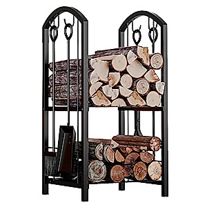Fire Beauty Fireplace Firewood Log Rack 5-Piece Storage Logs Holder with Tools Set with 4 Tools Set Fireside Holders Wood Lumber Storage Stacking Black