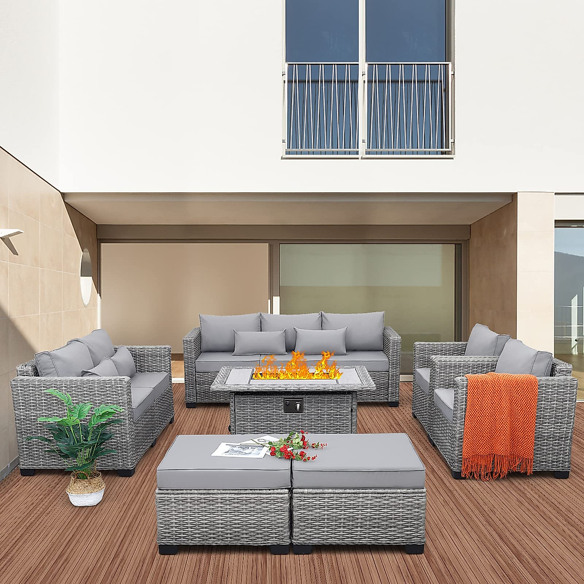 Rattaner 7-Piece Outdoor Furniture Sets Patio Furniture Set with 45-inch Fire Pit Patio Couch Outdoor Chairs 60000 BTU Propane Fire Pit Table with Non-slip Cushions Waterproof Covers, Light Grey