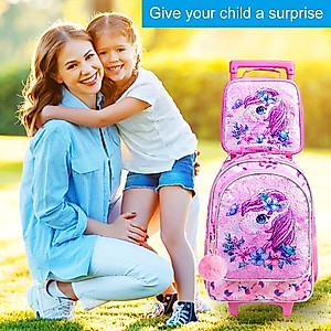KLFVB Rolling Backpack for Girls, Kids Roller Wheels School Bookbag with Lunch Bag, Wheeled School Bag for Children - Unicorn
