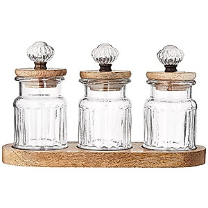 Mud Pie Knob Glass Condiment Set, canister 3 3/4" x 2 3/4" dia | caddy 3 3/4" x 10 1/4", Brown