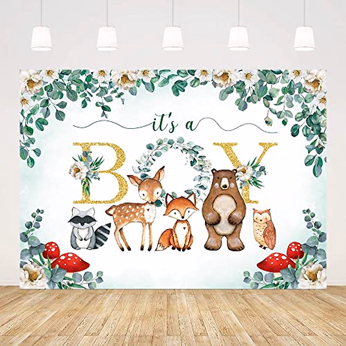 AIBIIN 7x5ft Woodland Baby Shower Backdrop It's A Boy Green Leaves Bear Foxes Owl Photography Background Baby Shower Party Decorations Banner Photo Studio Props