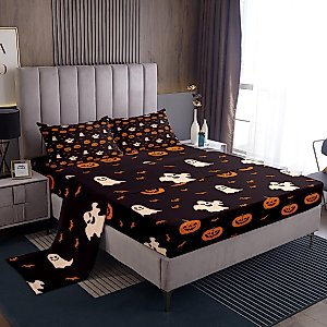 jejeloiu Pumpkin Lantern Sheet Set King Size Kids Halloween Sheets with Deep Pocket Fitted Sheet for Boys Girls Teens Pumpkin Lantern Bed Sheets Set Breathable Ghost Bedding Set Bat Bed Set