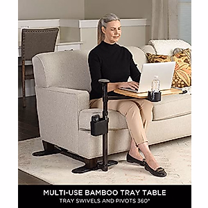 Signature Life Independence Tray Table, Bamboo Swivel TV Tray, Adjustable Laptop Table with Ergonomic Stand Assist Safety Handle, Independent Living Aid