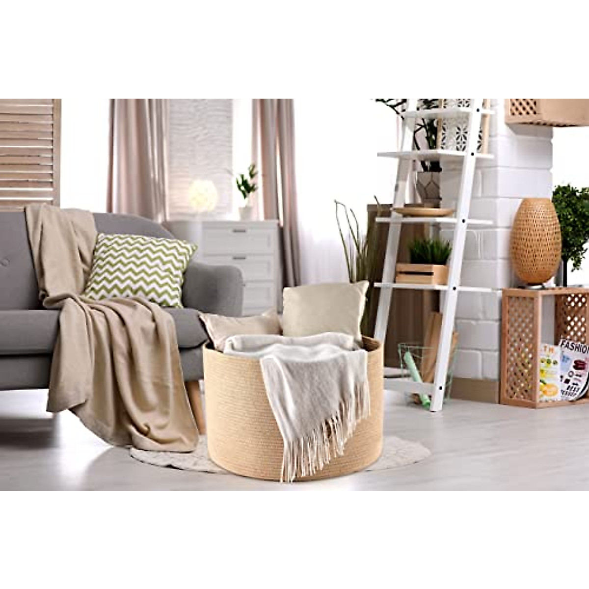 CuddleHaus | Modern Boho Basket | Living Room Blanket Storage Holder | Nursery Laundry Baskets | Baby and Kids Room Toy Organization | Woven Cotton Rope Bathroom Towel Basket | 20" x 13"