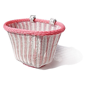 Schwinn Perla Adult Beach Cruiser Bike & Colorbasket 01334 Adult Front Handlebar Bike Basket, All Weather, Water Resistant, Adjustable Leather Straps, White with Pink Trim