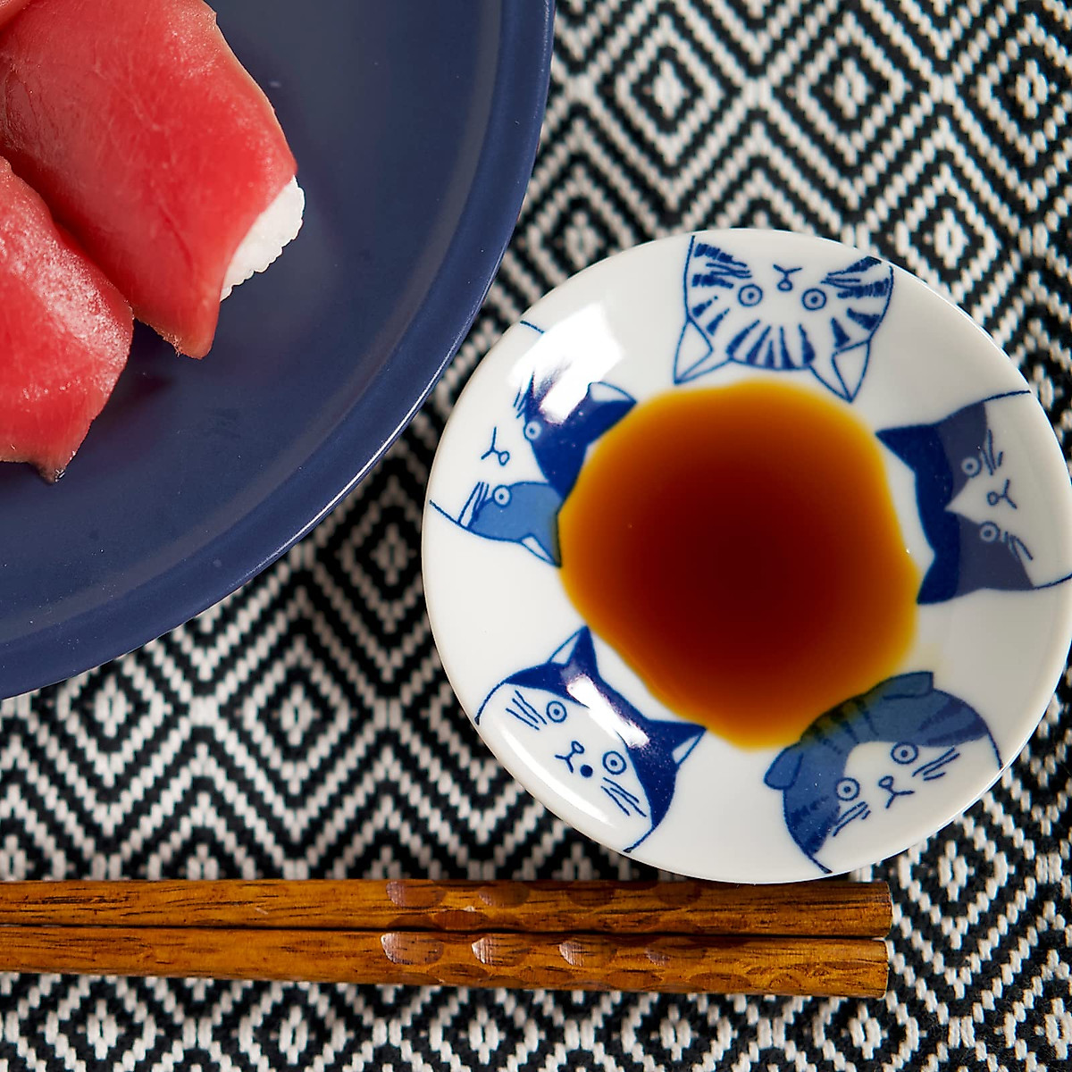 LOVE LOVE JAPAN Japanese Cat Design Ceramic Small Plates - Set of 4 - Great for Sushi, Dips, & Desserts, Cat Quintet