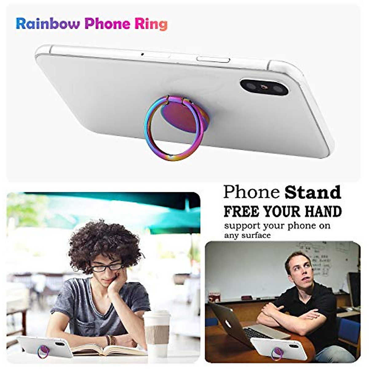 lenoup Rainbow Cell Phone Ring Stand Holder,Purple Multicolor Ring Grip Kickstand,360 Rotation Metal Finger Ring for Almost All Phones,Pad