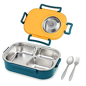 Puraville Stainless Steel Bento Lunch Box for Kids and Adults, Stackable BPA-Free Food Containers with 3 Compartments and Reusable Sauce Bowl, Fork and Spoon, (1000ml/34oz, Yellow)