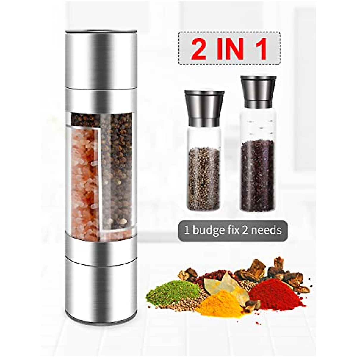 Gulex® Salt and Pepper Grinder Set, 2 in 1 Salt Mill and Pepper Mill with 5 Level Adjustable Coarseness, Stainless Steel Salt and Pepper Grinder Refillable for Kitchen (2 in 1)