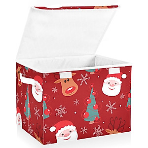 TSENQUE Christmas Reindeer Santa Tree Foldable Storage Boxes with Lids Organizer Basket with Handles for Home Bedroom Office 16.5" L x 12.6" W x 11.8" H