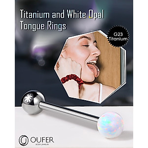 OUFER Titanium Tongue Rings, White Opal Tongue Ring, Internally Threaded Tongue Piercing Jewelry, Straight Tongue Jewelry for Women Men