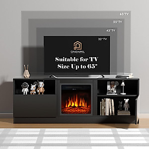 oneinmil Fireplace TV Stand for 75'' TV,65 Inch Modern TV Cabinet with 18 Inch Electric Fireplace, Wood Texture Storage Cabinet, Media Entertainment Center,Black