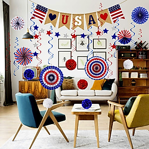 26Pcs Patriotic Decorations 4th of July Decor - LOVE USA Banner Red White Blue Paper Fans Star Streamer Pom Poms Hanging Swirls for Veterans day,Labor Day,Presidents Day,Flag Day