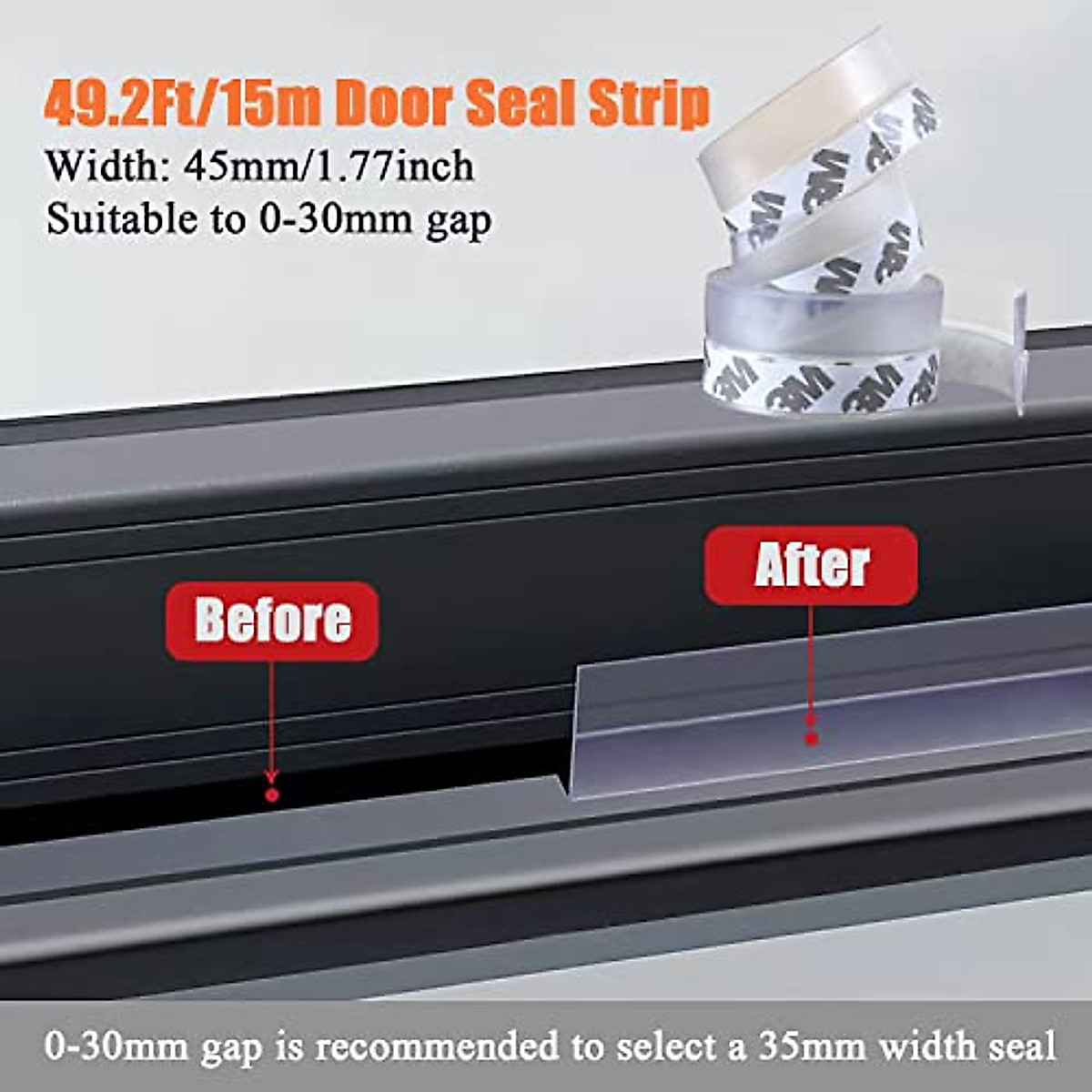 49.2FT Weather Stripping Door Seal, Silicone Door Seal Strip Door Window Seal, Silicone Sealing Tape for Door Draft Stopper Adhesive Glass Shower Door Bottom Seal Strip, Transparent (45 mm, 49.2ft)