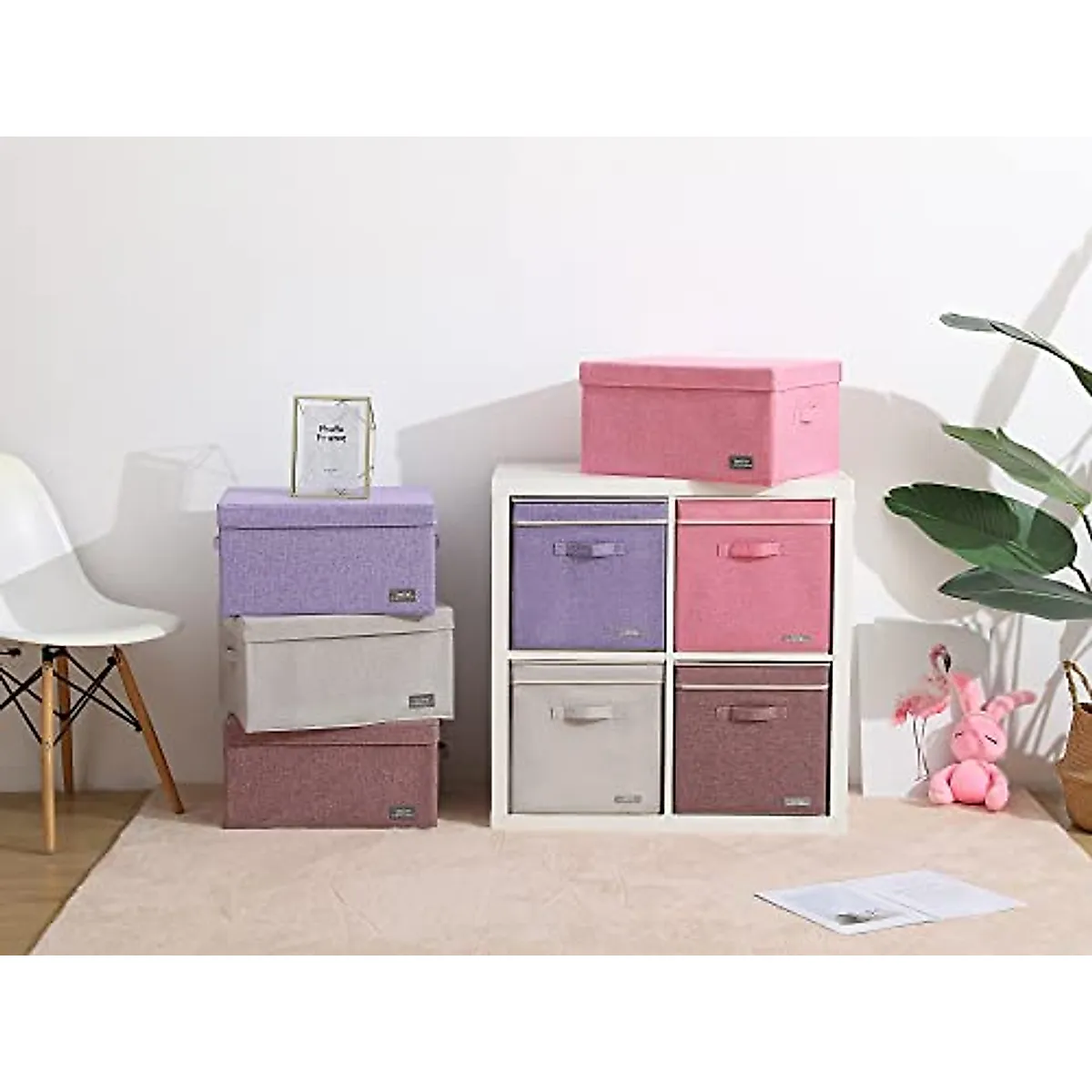 YueYue Linen Collapsible Storage Bins With Lids，Foldable Fabric Storage Bins Boxes，Storage boxes with lids Closet Bin（2 Pack Pink，13in/13in/13in