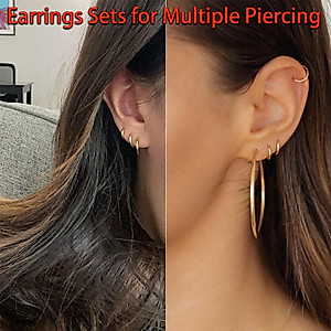 Small Gold Hoop Earrings Lightweight: Hinged Huggie Hoop Earrings for Lobe Cartilage Helix Tiny Hoops Earrings in Gold Plated Silver Black for Women Men (Set of 1 - 5 Pairs) (14K Gold - 6mm/7mm/8mm/9mm/10mm)