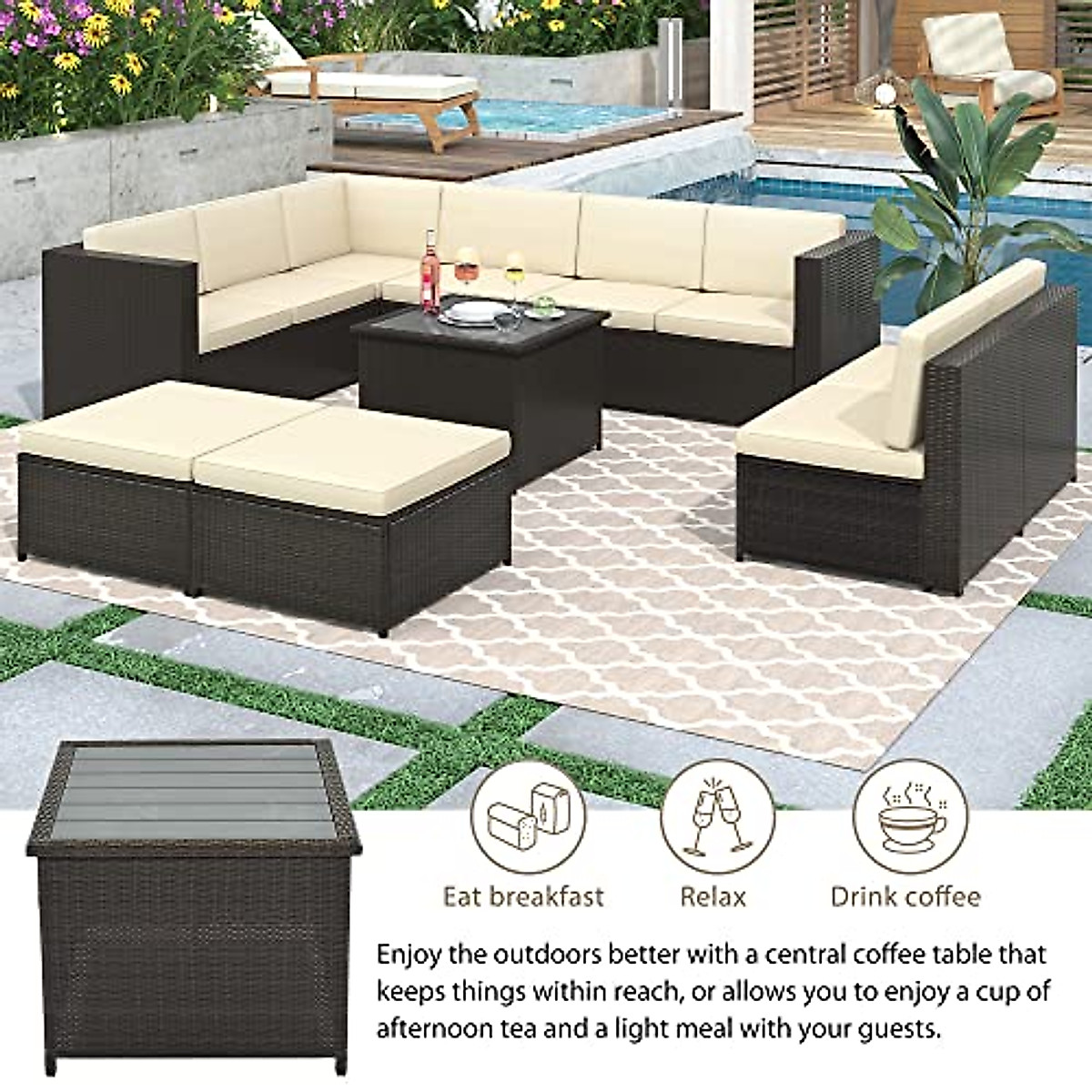 GINGVAT 9 Piece Rattan Furniture Sectional Seating Group with Table, Single Chairs and Ottoman, Outdoor PE Wicker Conversation Sofa Set, Brown+Beige